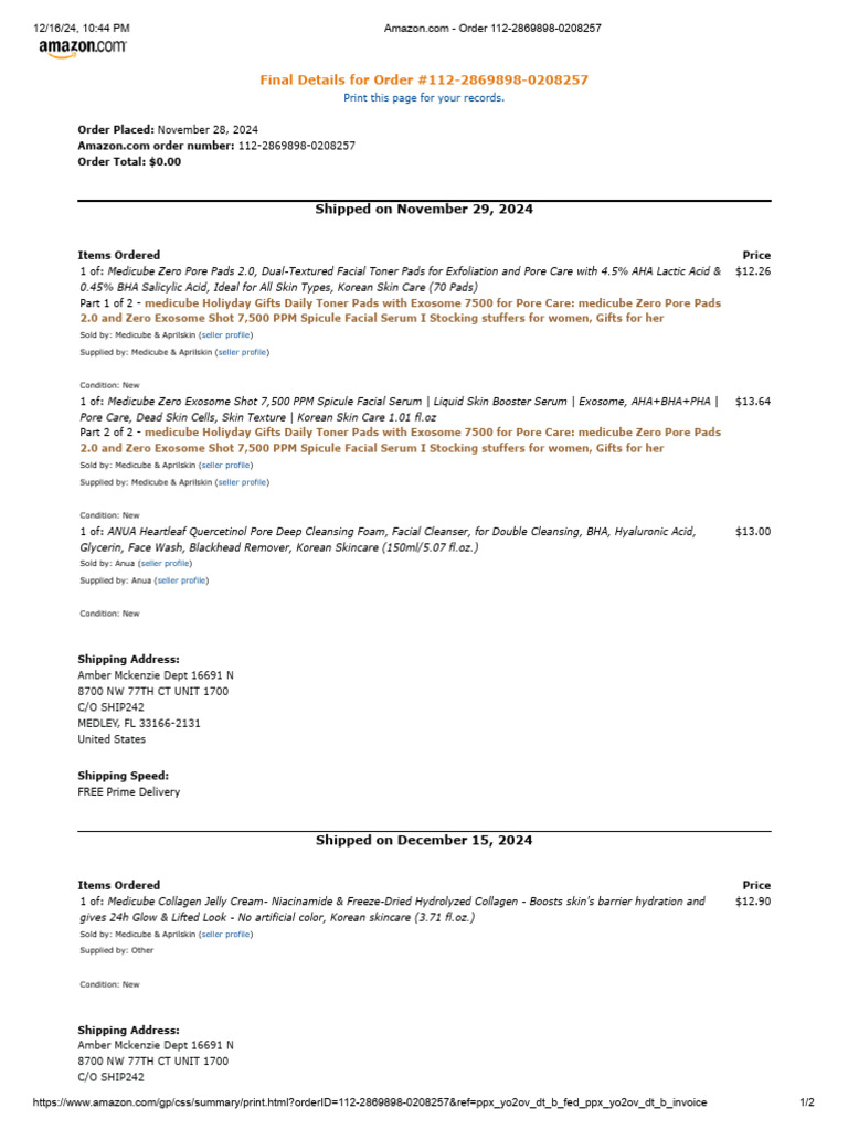 Amazon Order Summary for Medicube Products | PDF | Skin | Skin Care