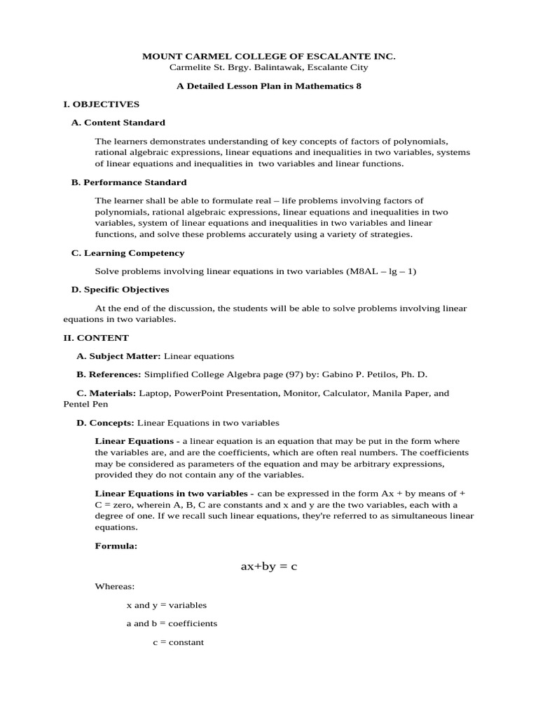 Lesson Plan in Grade 8 Linear Equations | PDF | Variable (Mathematics ...