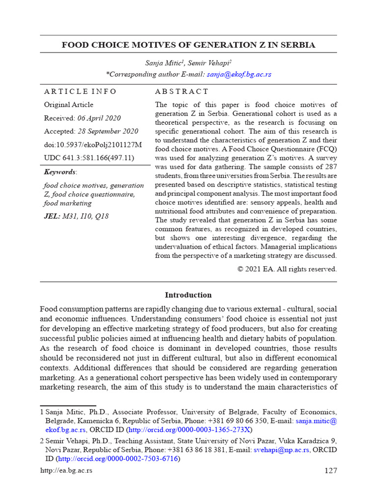 Food Choice Motives of Generation Z in Serbia | PDF | Factor Analysis ...