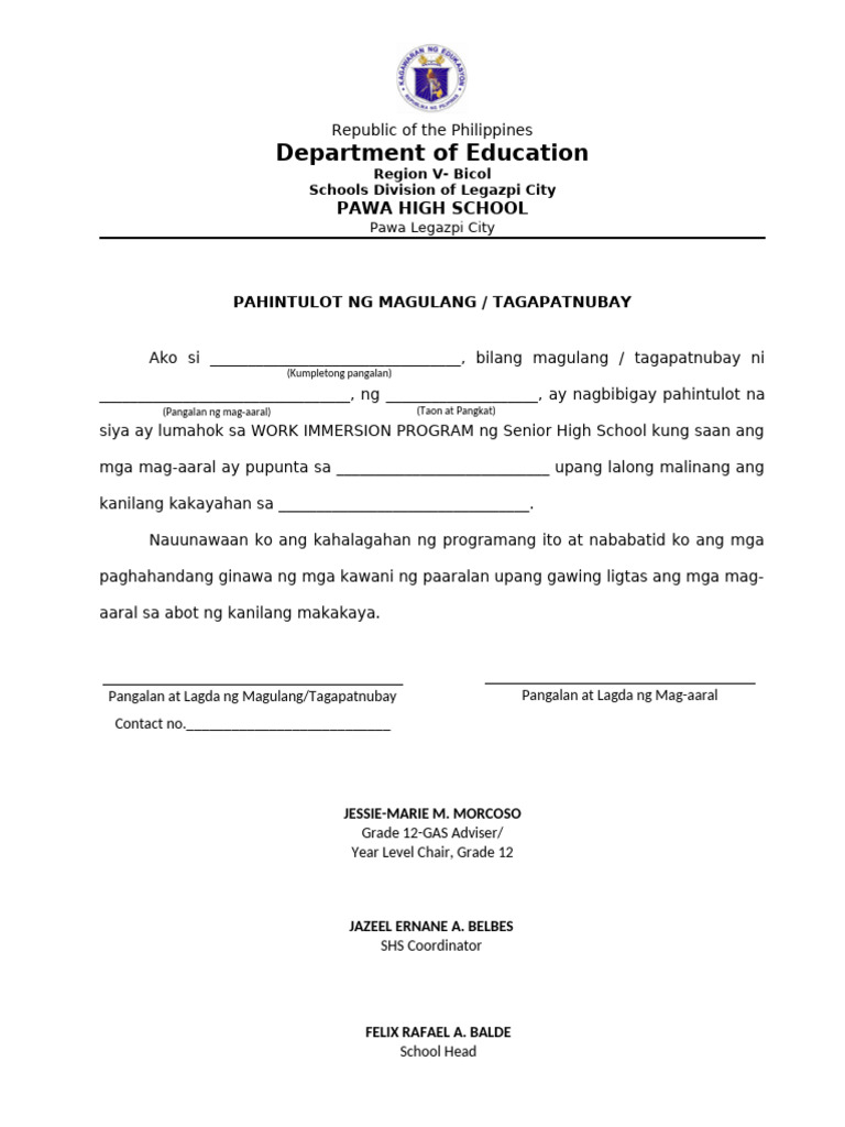 Work Immersion Parent Consent | PDF