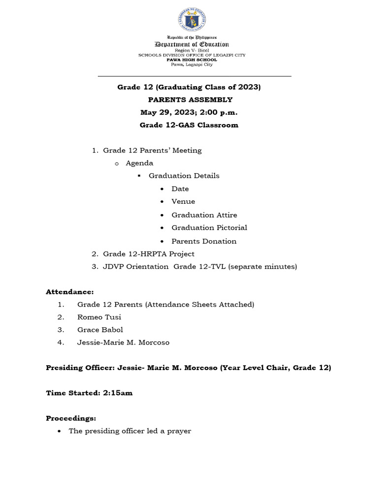 SHS Parents Assembly May 2023 Minutes | PDF