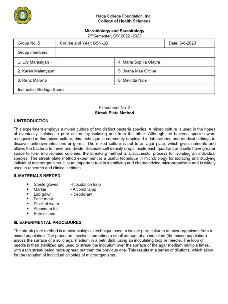 Experiment 2 Streak Plate Method | PDF | Microbiology | Biology