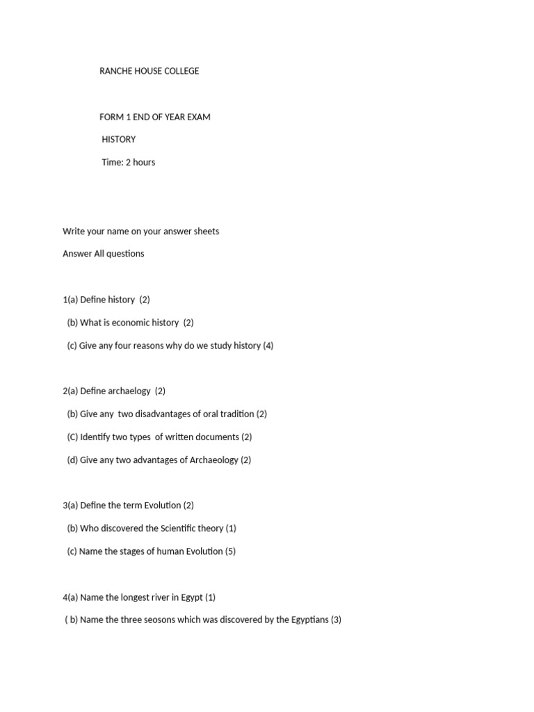 History Form 1 End of Year Exam | PDF