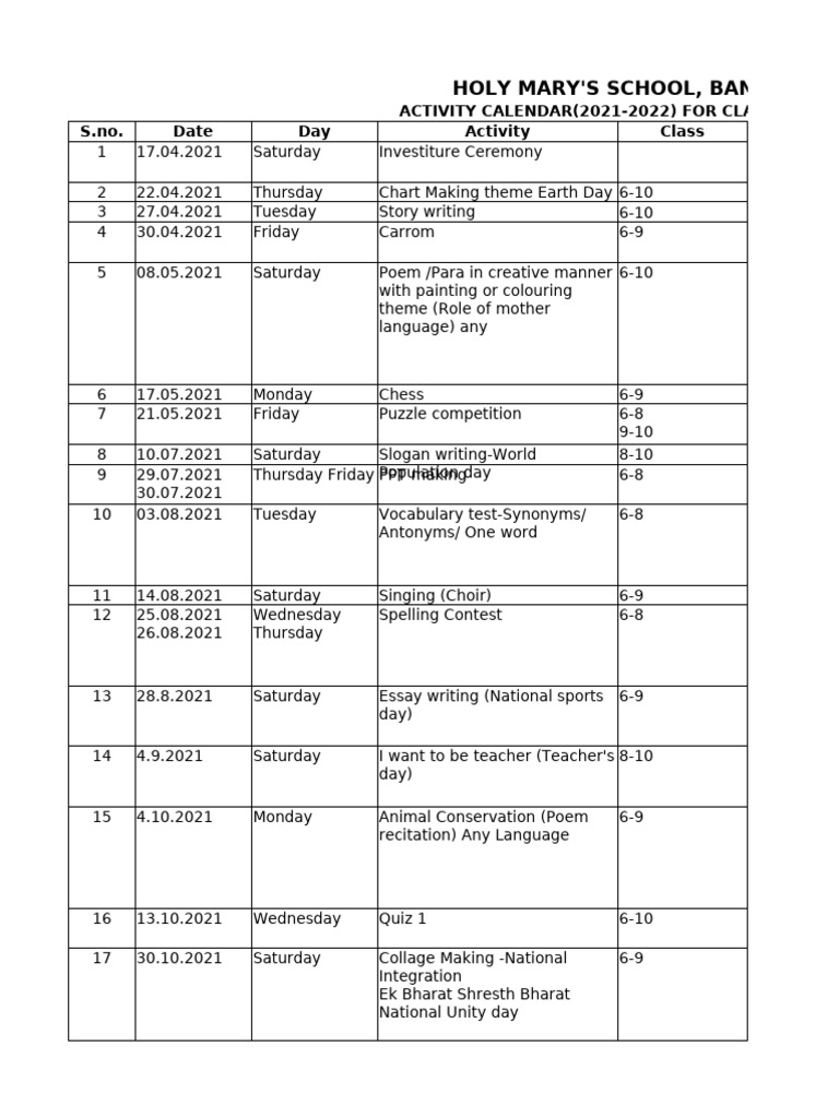 Activity Calender Session 2021-22 | PDF