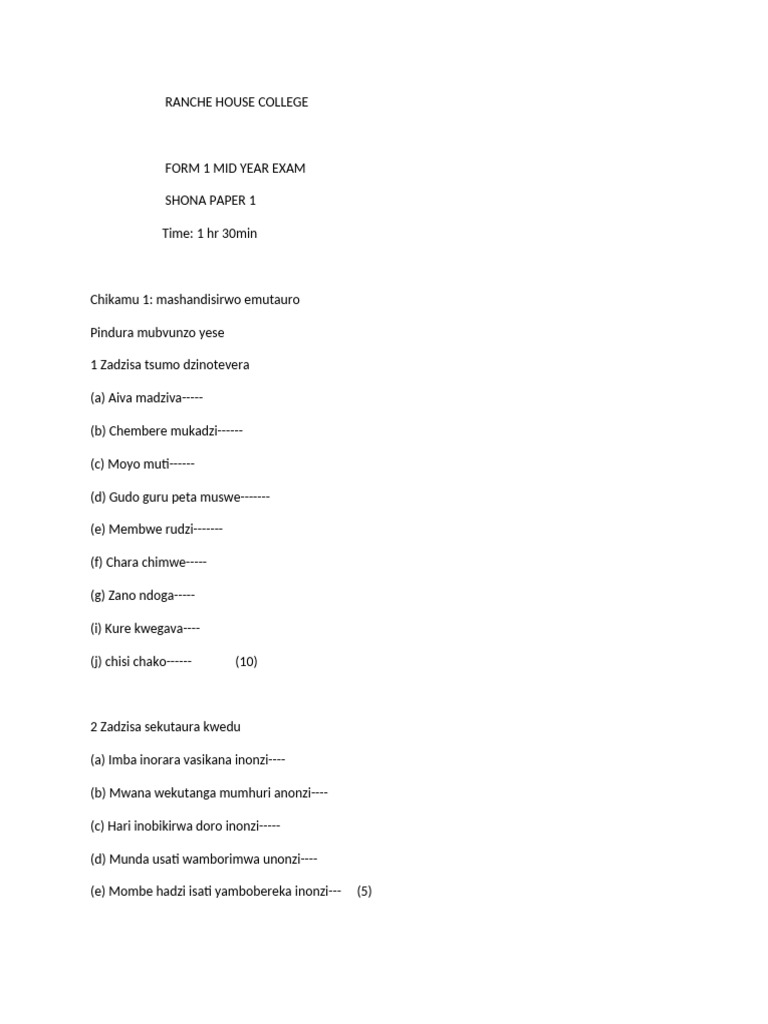 Form 1 Shona Mid-Year Exam Paper | PDF