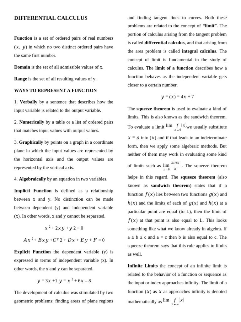 Differential Calculus Reviewer | PDF | Limit (Mathematics) | Function ...