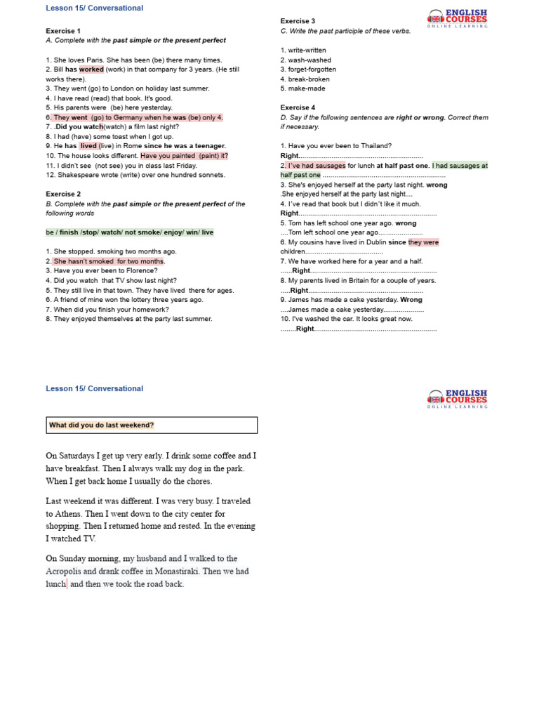 Exercises 15 - Conversational - Έγγραφα Google | PDF | Perfect (Grammar ...