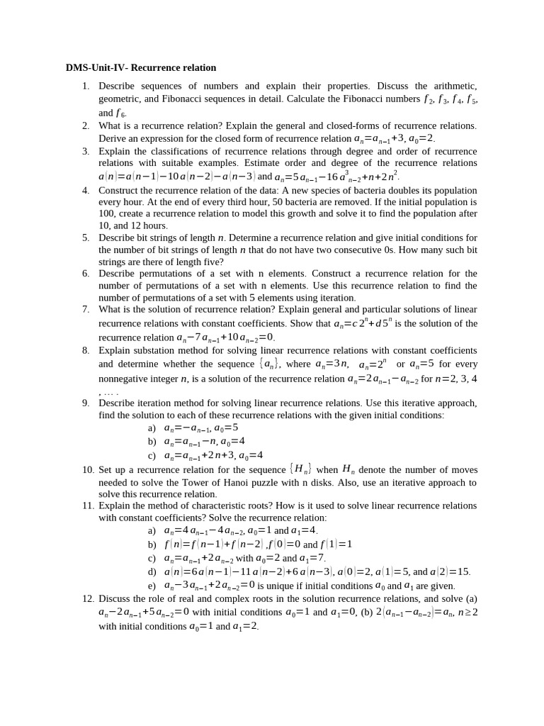DMS-Unit-IV-Practice Questions-Recurrence Relations | PDF | Recurrence Relation | Mathematics