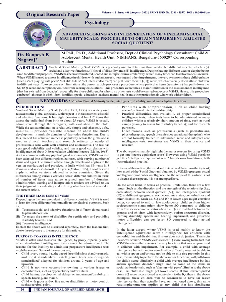 Advanced VSMS Scoring for Impairments | PDF | Wechsler Adult ...