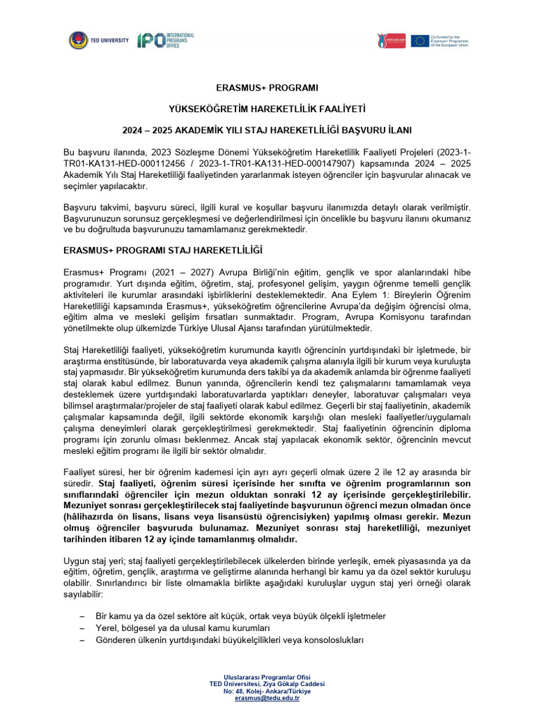 2024 25 Erasmus Staj Hareketliligi Basvuru Ilani 1 | PDF