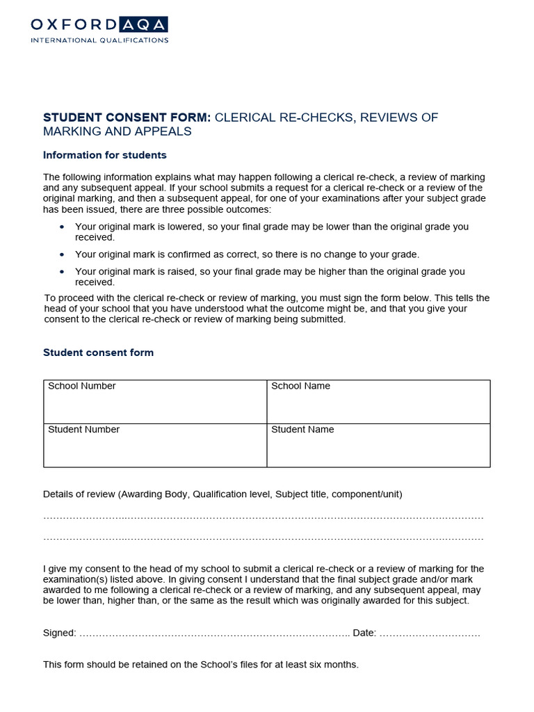 Oxfordaqa Rechecks Reviews Appeals Student Consent Form | PDF