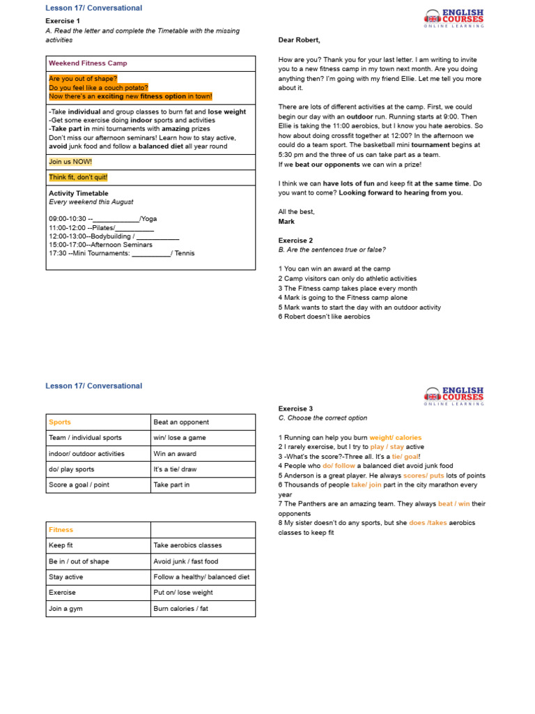 Lesson 17 - Conversational - Έγγραφα Google | PDF | Physical Fitness ...