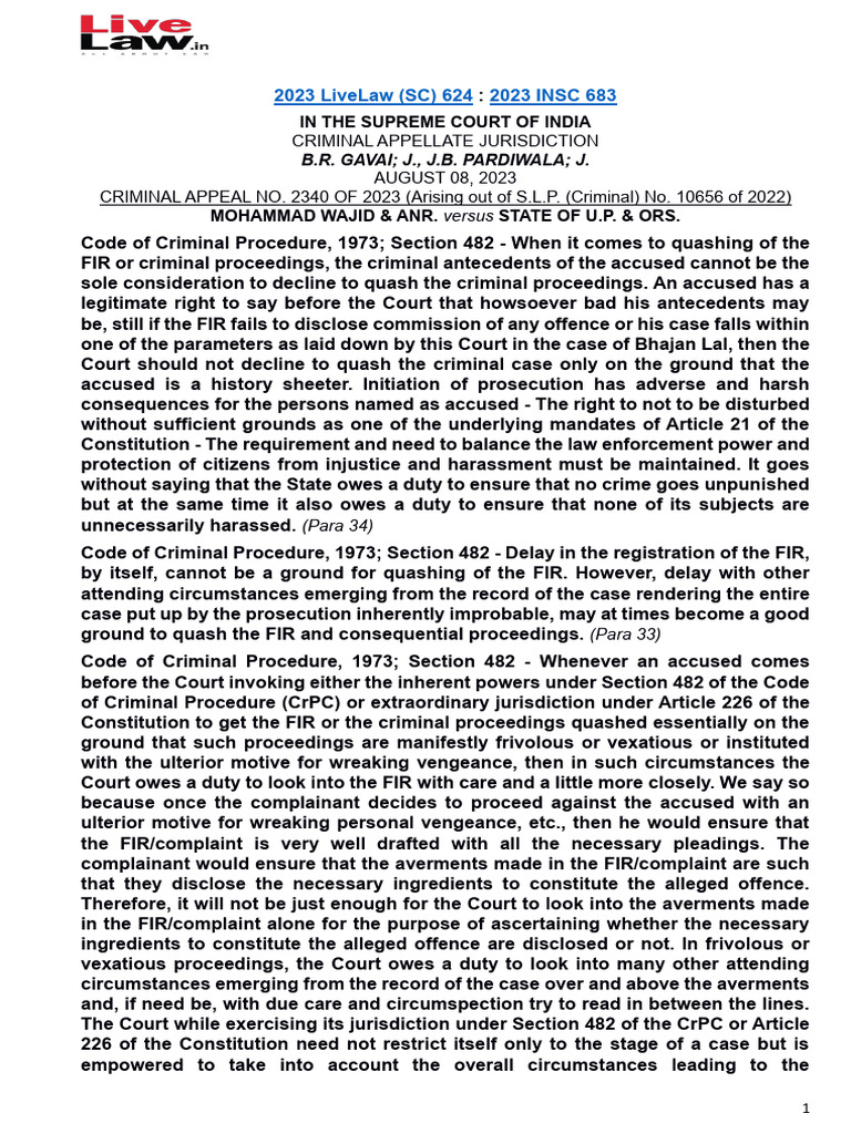 624 Mohammad Wajid V State of Up 8 Aug 2023 486987 | PDF | Robbery | Criminal Procedure In South ...