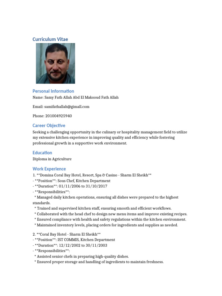 Samy Fathallah CV Detailed | PDF | Chef | Cooking