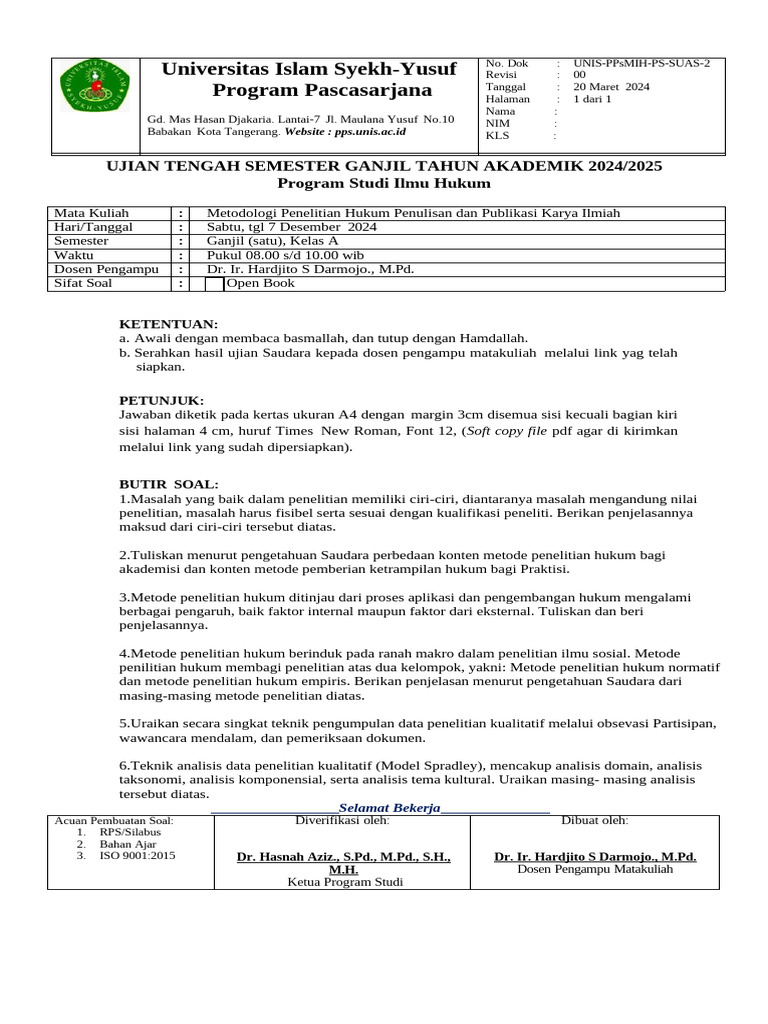 SOAL UTS - Metodologi Penelitian Hukum Penulisan Dan Publikasi Karya Ilmiah (SABTU 08.00-10.00 ...