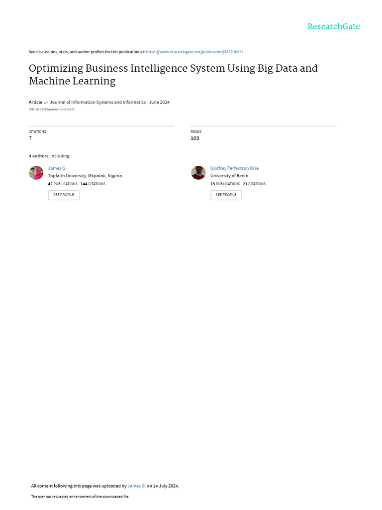 Optimizing Business Intelligence System Using Big Data and Machine Learning | PDF | Support ...