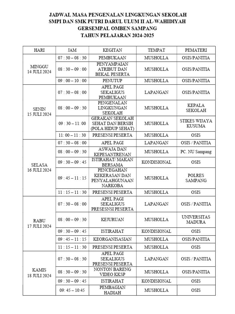 Jadwal Kegiatan MPLS 2024 | PDF