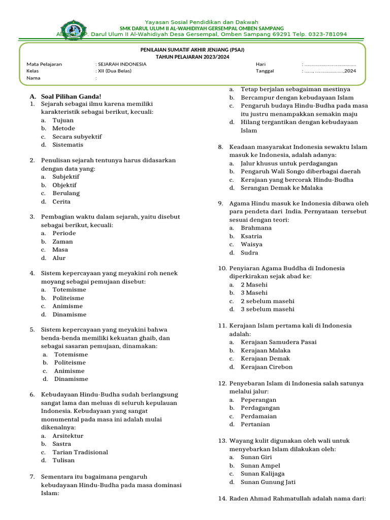 Soal PSAJ Sejarah Indonesia XII 2024 | PDF