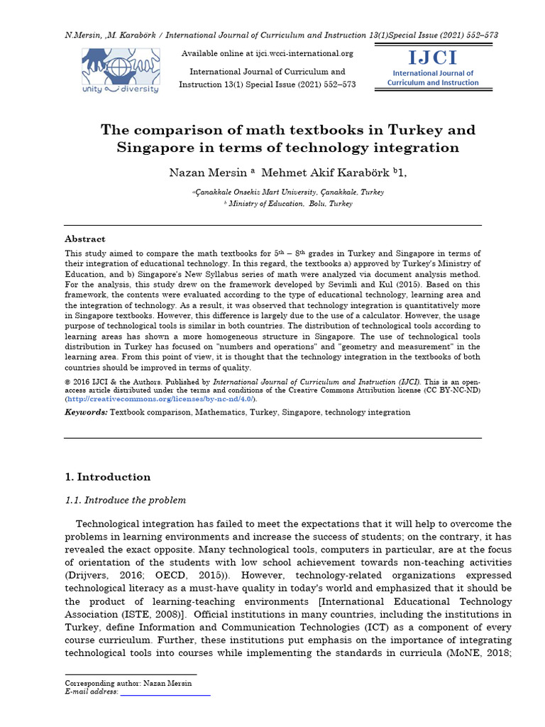 Mersin-2021-Comparison of Math Textbooks Regarding Technology Integration | PDF