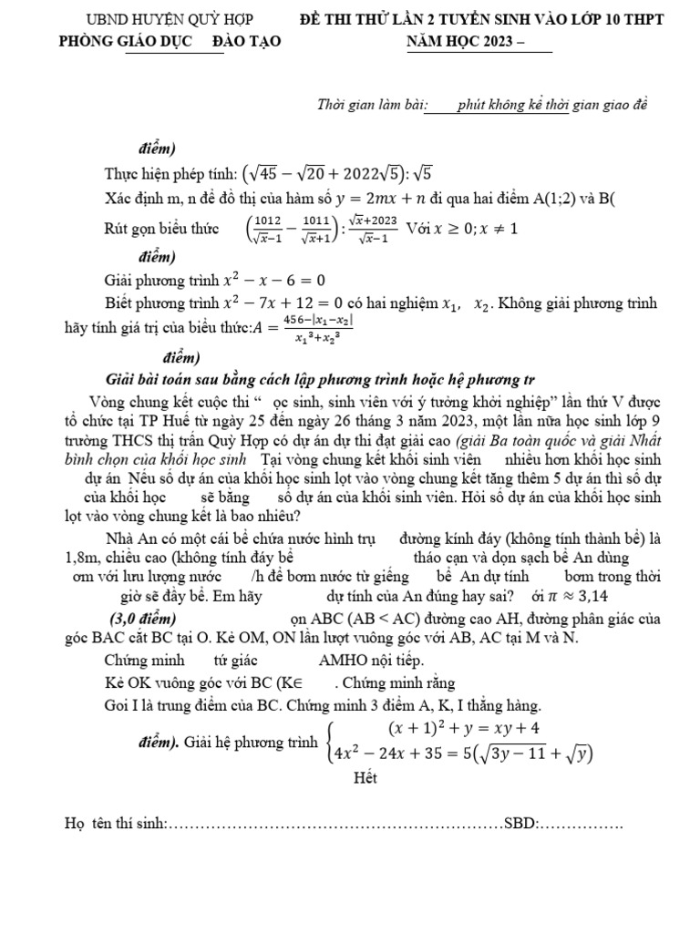 De Thi Thu Toan Vao 10 Lan 2 Nam 2023 2024 Phong GDDT Quy Hop Nghe An | PDF