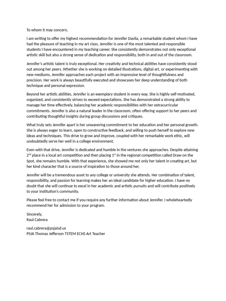 Letter of Recommendation - Jennifer 2 | PDF | Liberal Arts Education | Learning