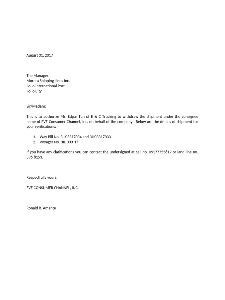 Authorization To Pull Out Shipment | PDF