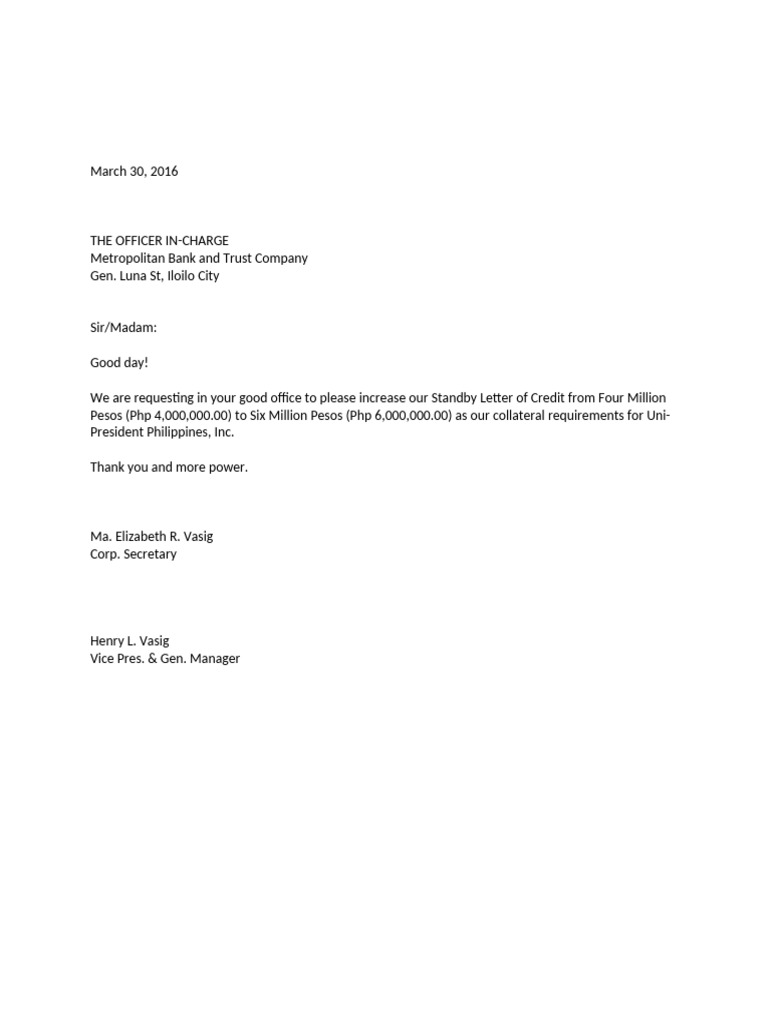 Request Letter for SBLC Increase | PDF