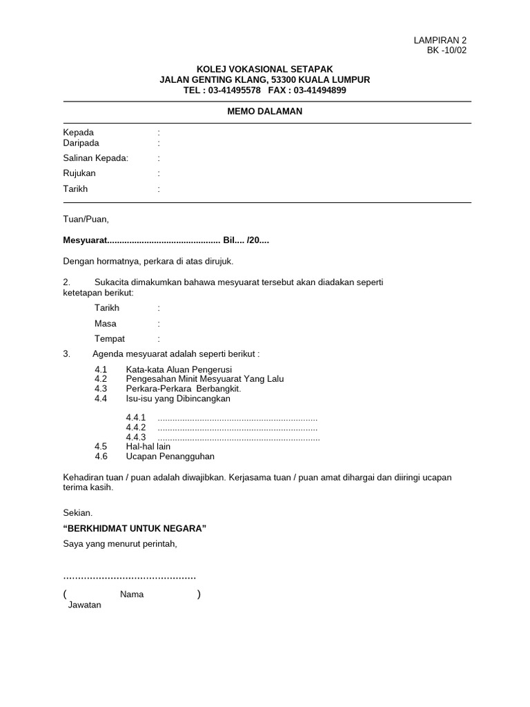 BK 10-02 (Memo Jemputan Mesyuarat) | PDF