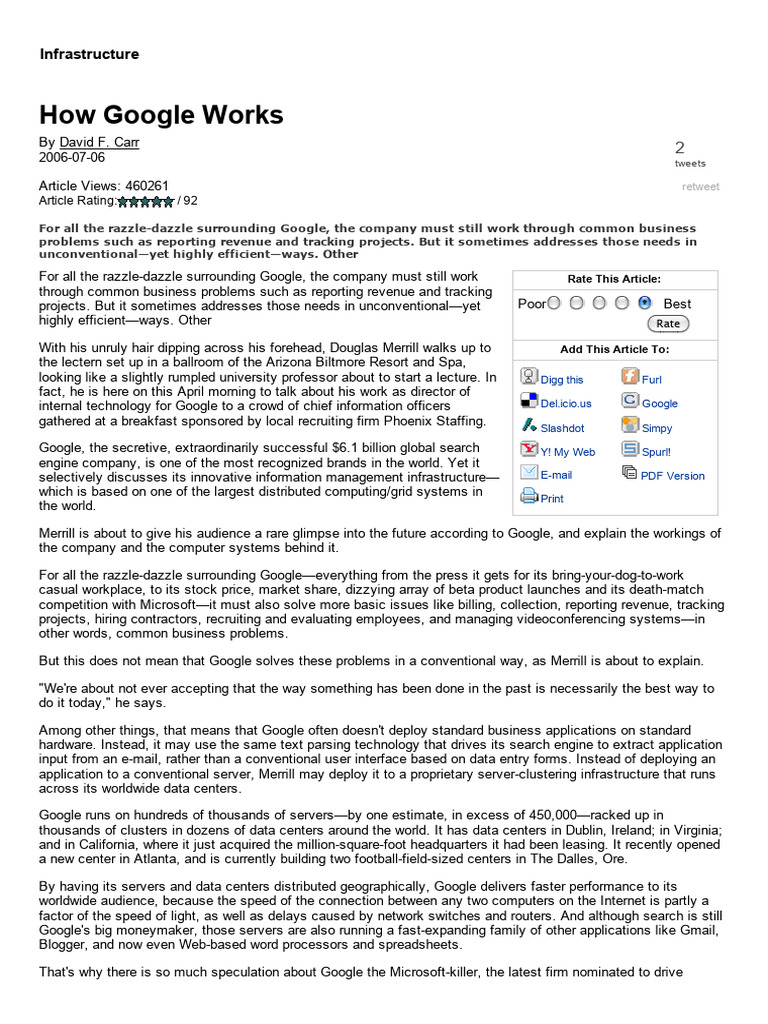 Rate This Article How Google Works | PDF | Map Reduce | Computer Cluster