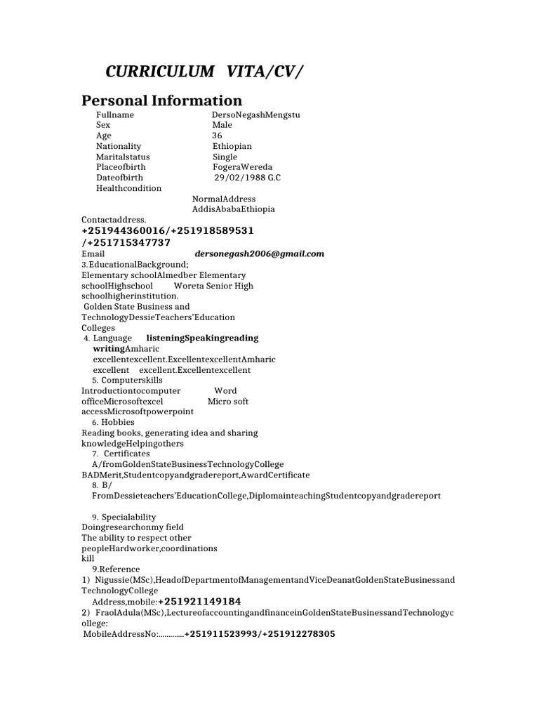 Ethiopian CV of Derso Negash Mengstu | PDF