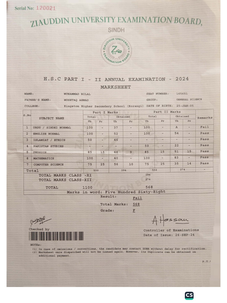 Zia Uddin Board Karachi H.S.S.C Marksheet | PDF
