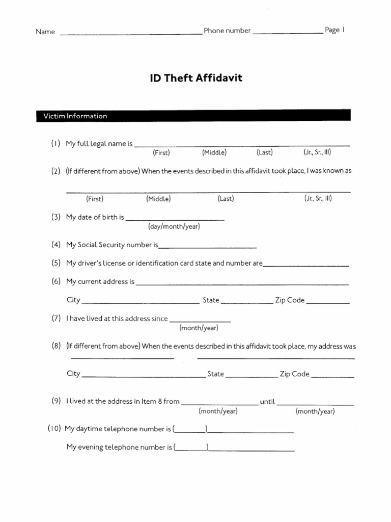 Identity Theft Affidavit Sample | PDF
