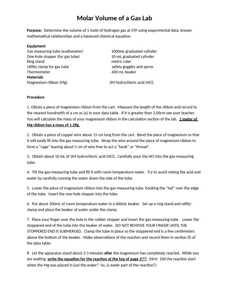 Molaar Volume of A Gas Lab | PDF | Gases | Mole (Unit)