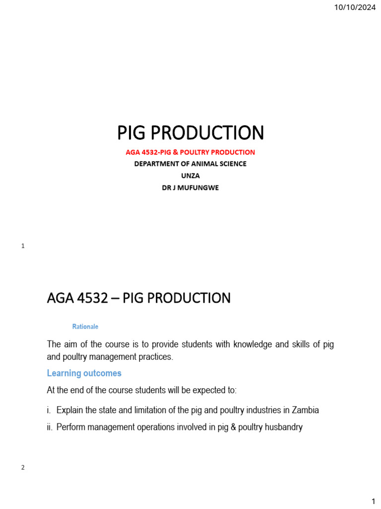 Pig Production - Lecture 1 | PDF | Pig | Wild Boar