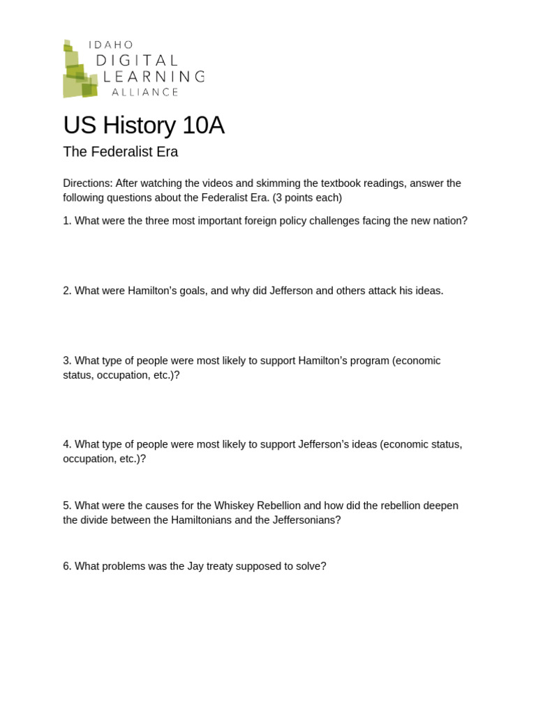 Federalist Era Questions | PDF