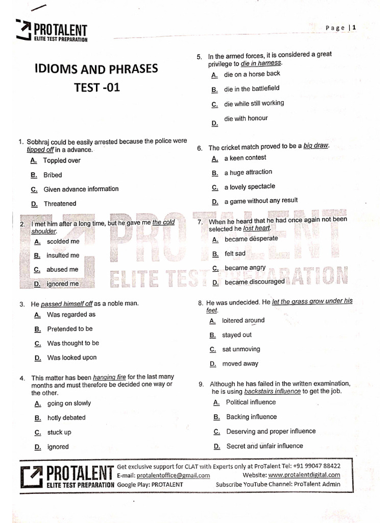 Idioms and Phrases Test 01 | PDF