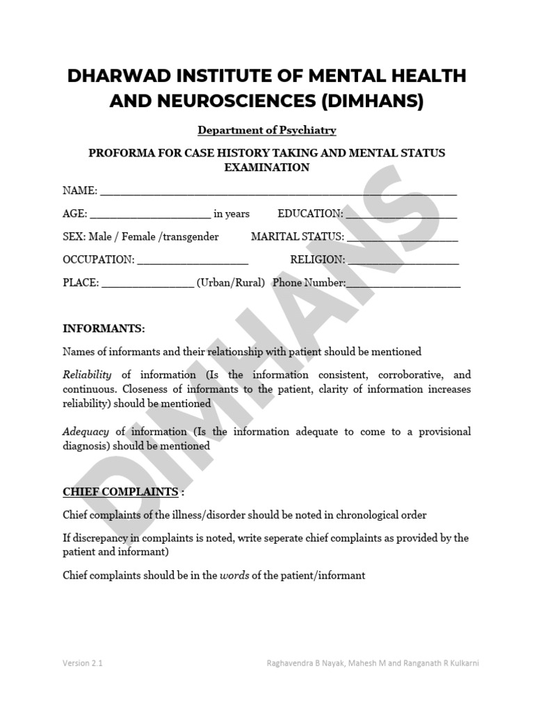 DIMHANS Case History Format Guide | PDF | Mental Disorder | Psychiatry