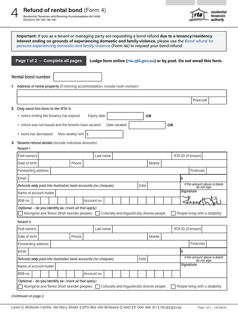 Form 4 Refund of Rental Bond | PDF | Leasehold Estate | Lease