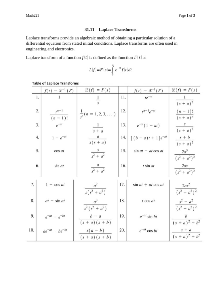 MATH221 - Week 2 - 31.11 Laplace Transforms | PDF | Laplace Transform | Function (Mathematics)