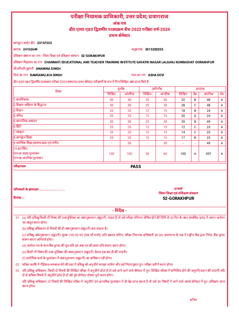 Anamika D.el - Ed Marks Sheet | PDF