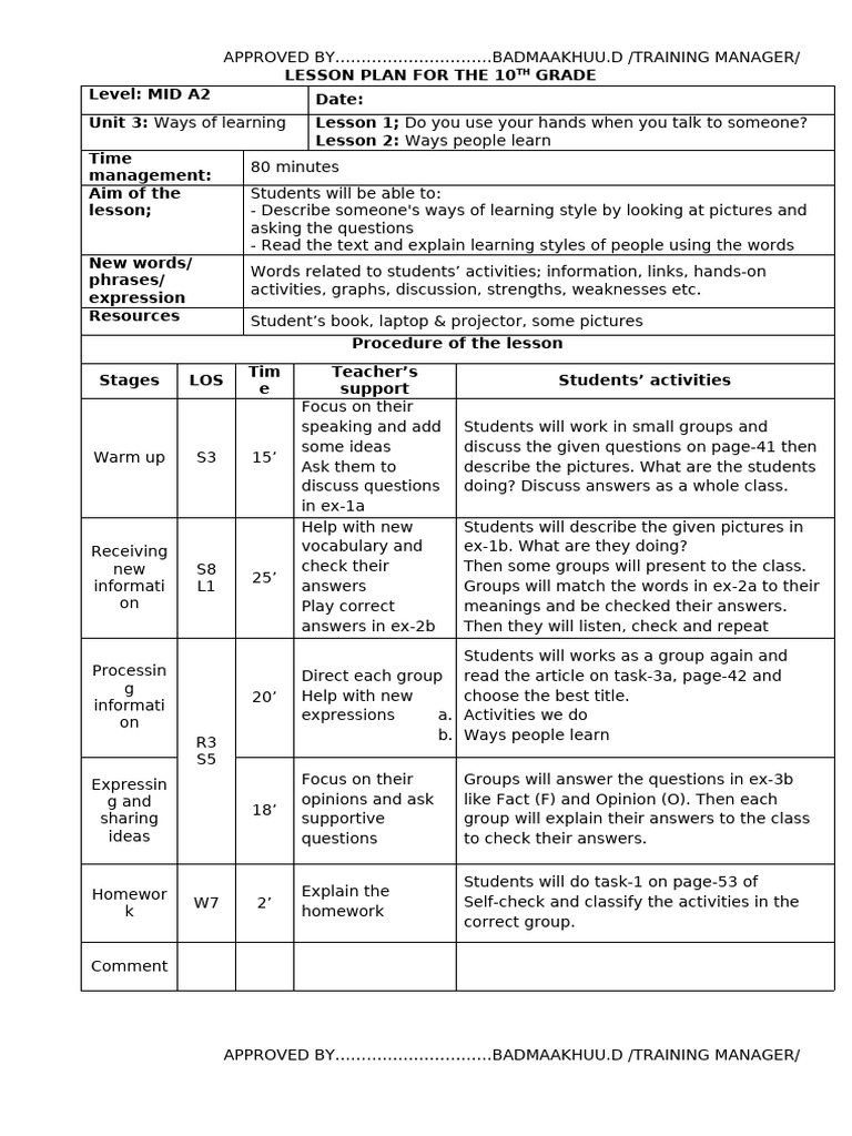 10th Grade Lesson Plan | PDF | Vocabulary | Homework
