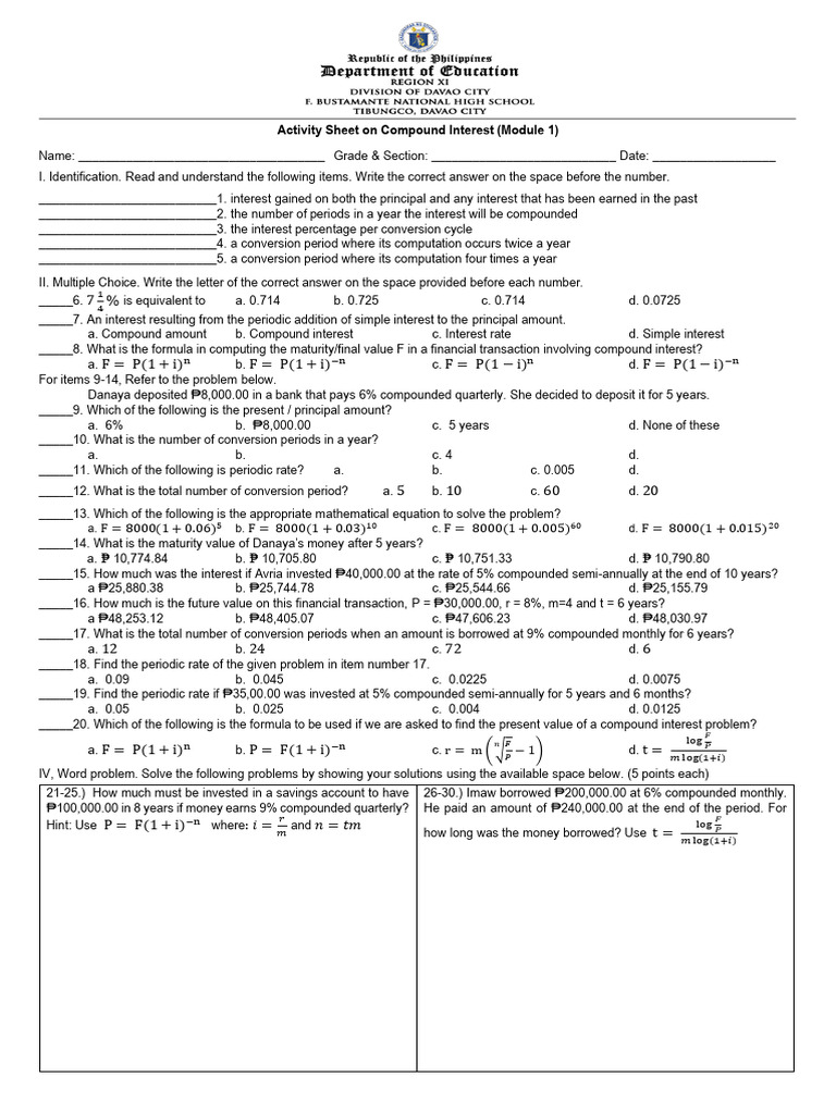 Activity Sheet On Compound Interest Module 2 | PDF | Compound Interest ...