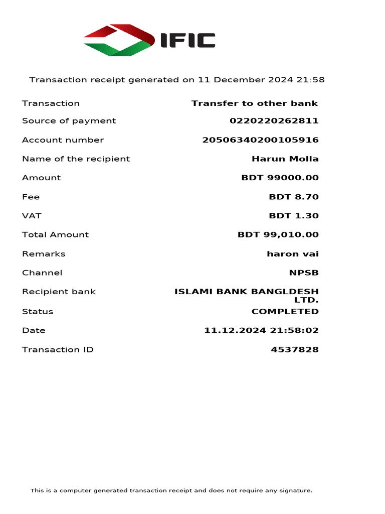 Bank Transaction Receipt | PDF