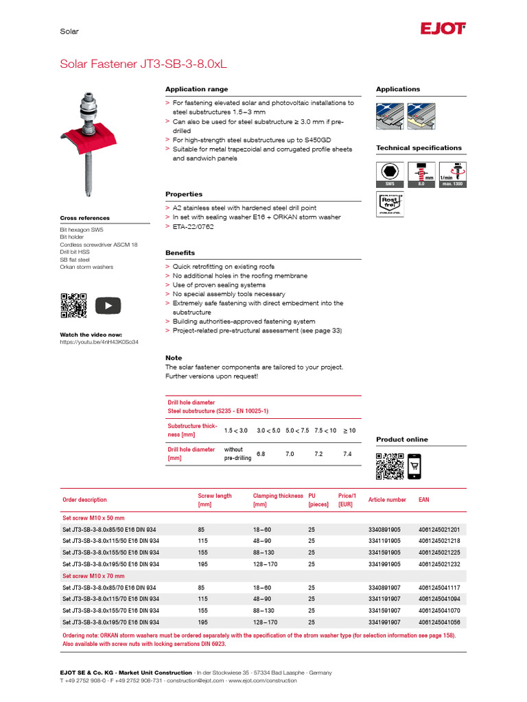 JT3-SB-3-8.0 Solar Fastener Product Data Sheet | PDF | Drill | Metalworking