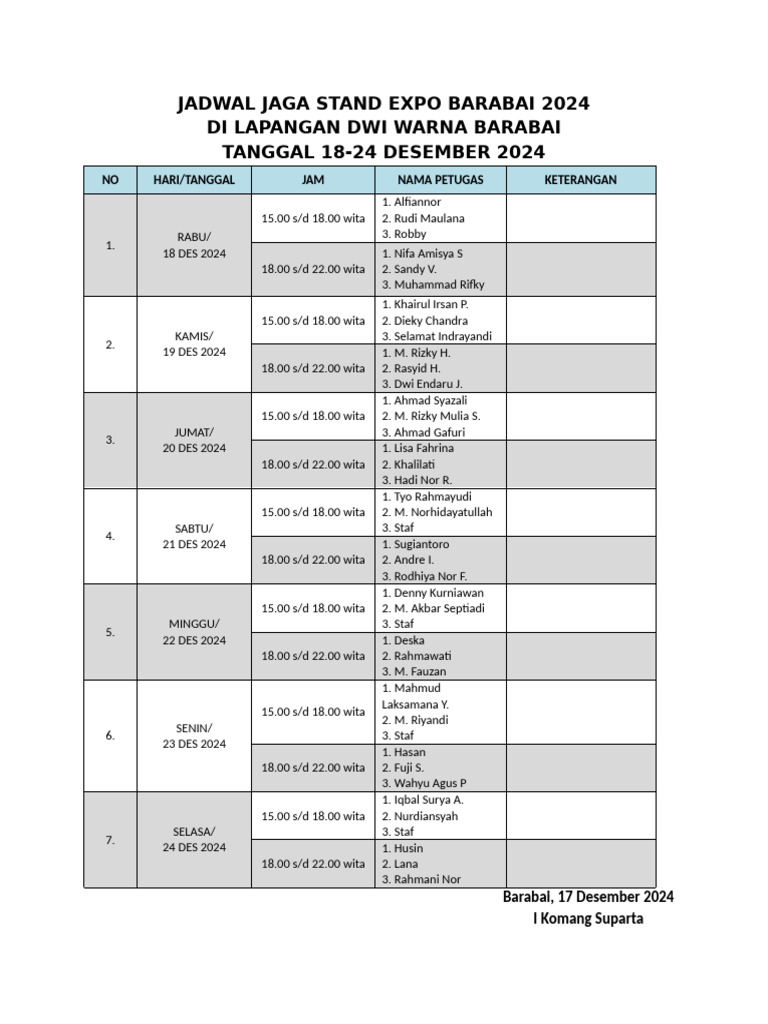 Jadwal Jaga Stand Expo Barabai 2024 | PDF