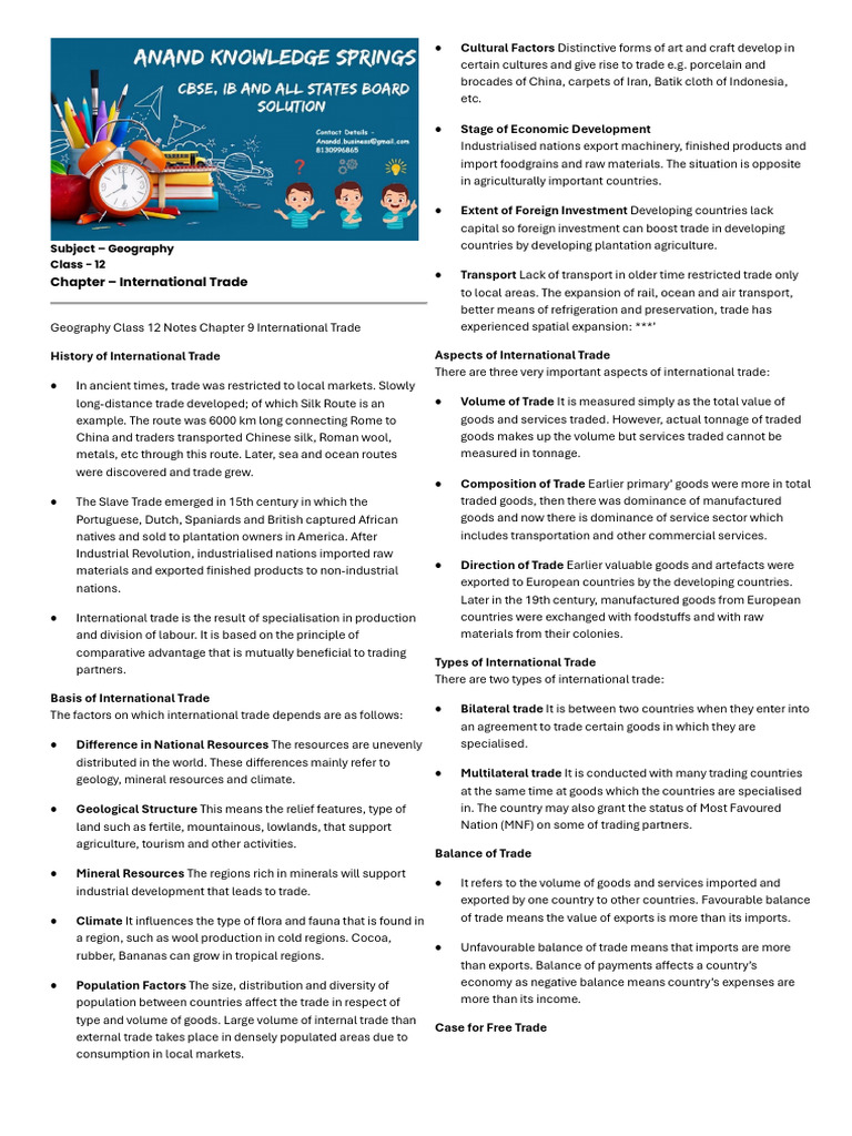 Class 12 Geography: International Trade Notes | PDF | Port | Exports