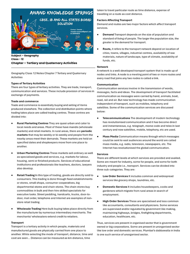 Tertiary and Quaternary Activities Revision Notes Class 12 | PDF ...