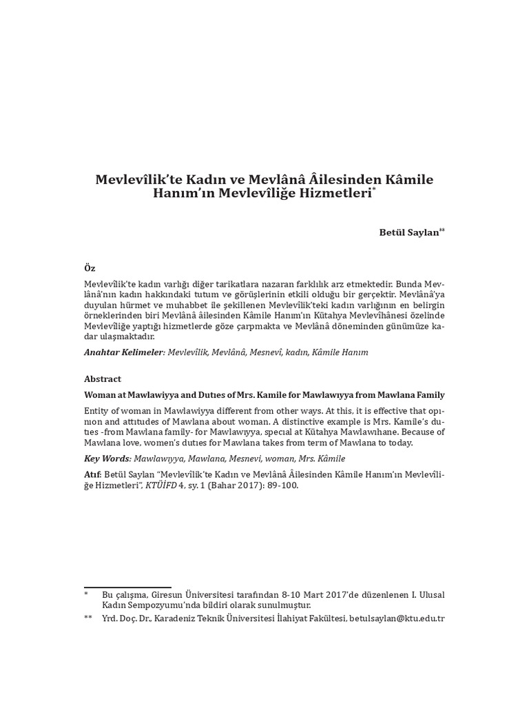 Mevlev Lik Te Kad n Ve Mevl n Ilesinden K Mile Han m n Mevlev Li e Hizmetleri[#349079]-358719 | PDF