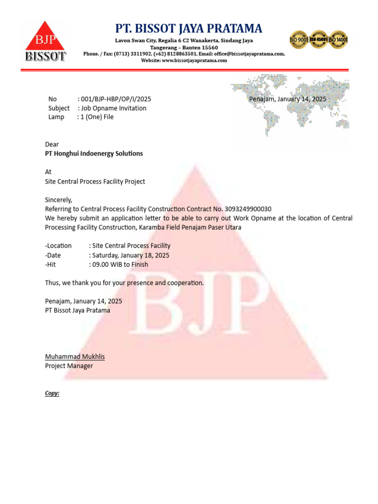 Surat Undangan Pelaksanaan Opname Pekerjaan CPF Project | PDF