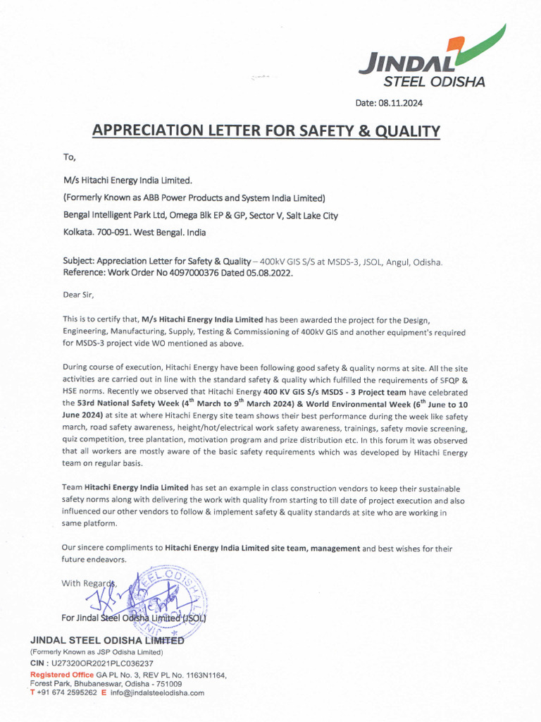 Appreciation Letter For Safety & Quality | PDF